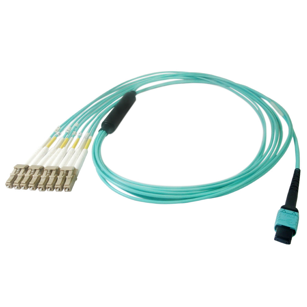 8-Fiber Multimode OM3 12-Position MPO Female no guide pins to 8x LC/UP