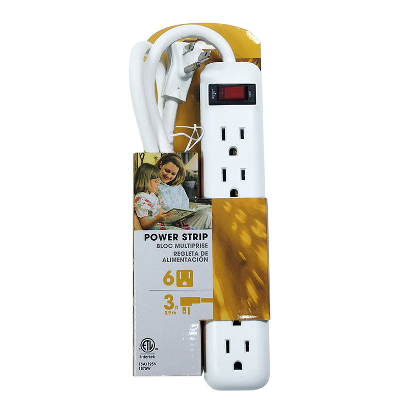 6 Outlet Power Strip - 3ft Cord, Down Angle Plug - White
