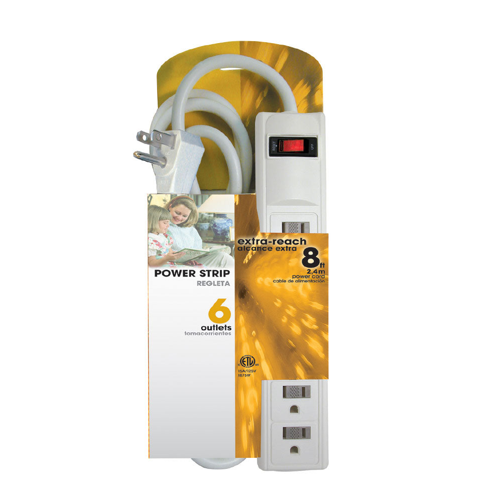 6 Outlet Power Strip - 8ft Cord, Down Angle Plug - White