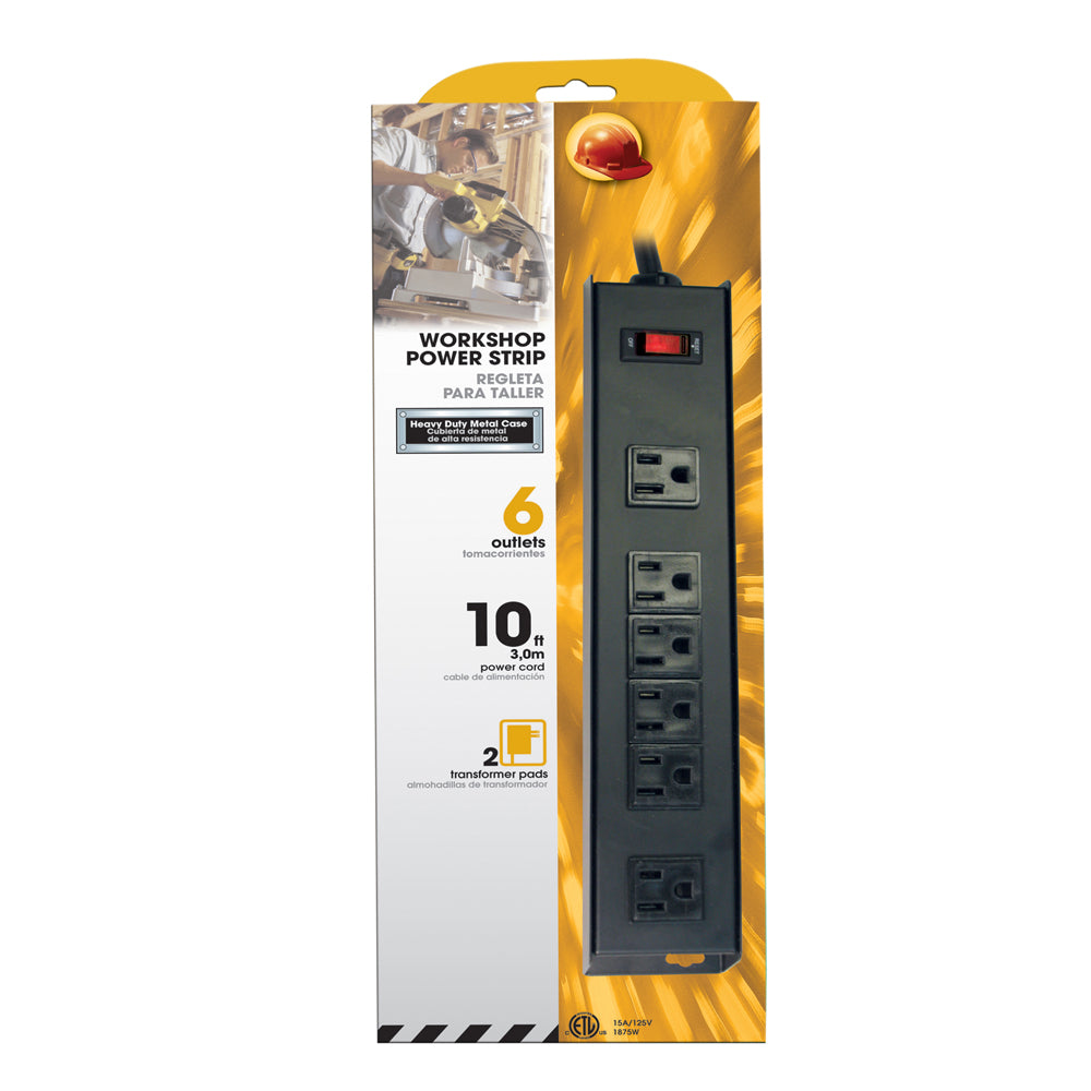 6 Outlet Power Strip - 10ft Cord, Down Angle Plug, Metal Housing - Bla