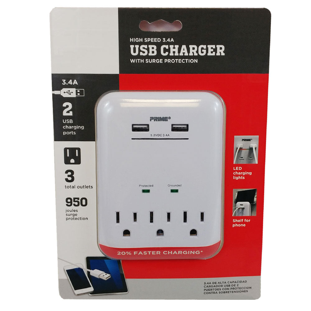 3 Outlet Power Tap - 950J Surge Protection, 2 Fast Charge USB Ports