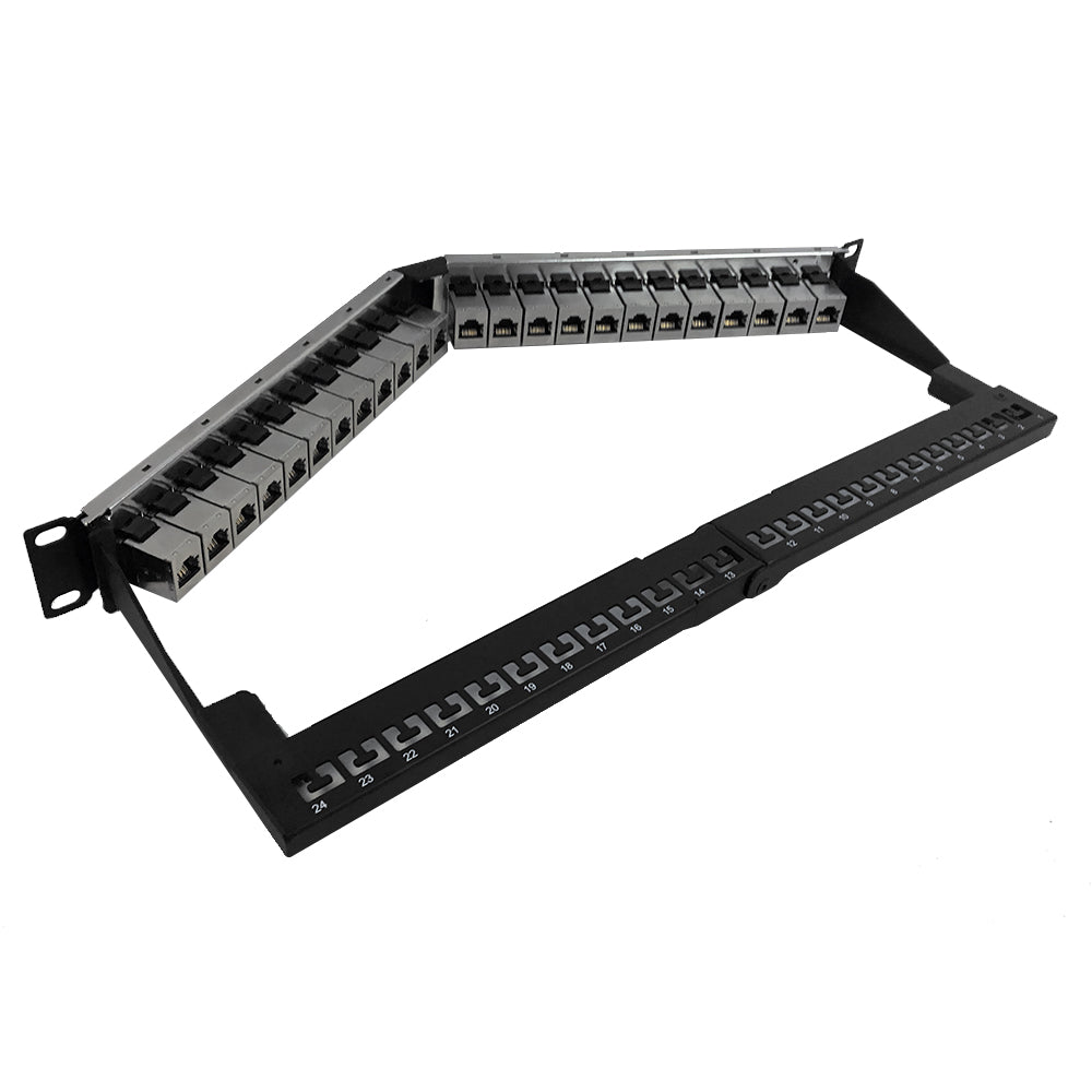 24-Port Angled CAT6 Shielded Patch Panel, 19" Rackmount 1U - Pass-Thro