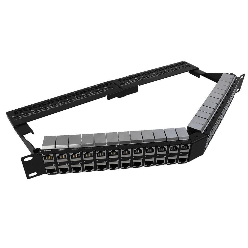 48-Port Angled CAT6 Shielded Patch Panel, 19" Rackmount 2U - Pass-Thro