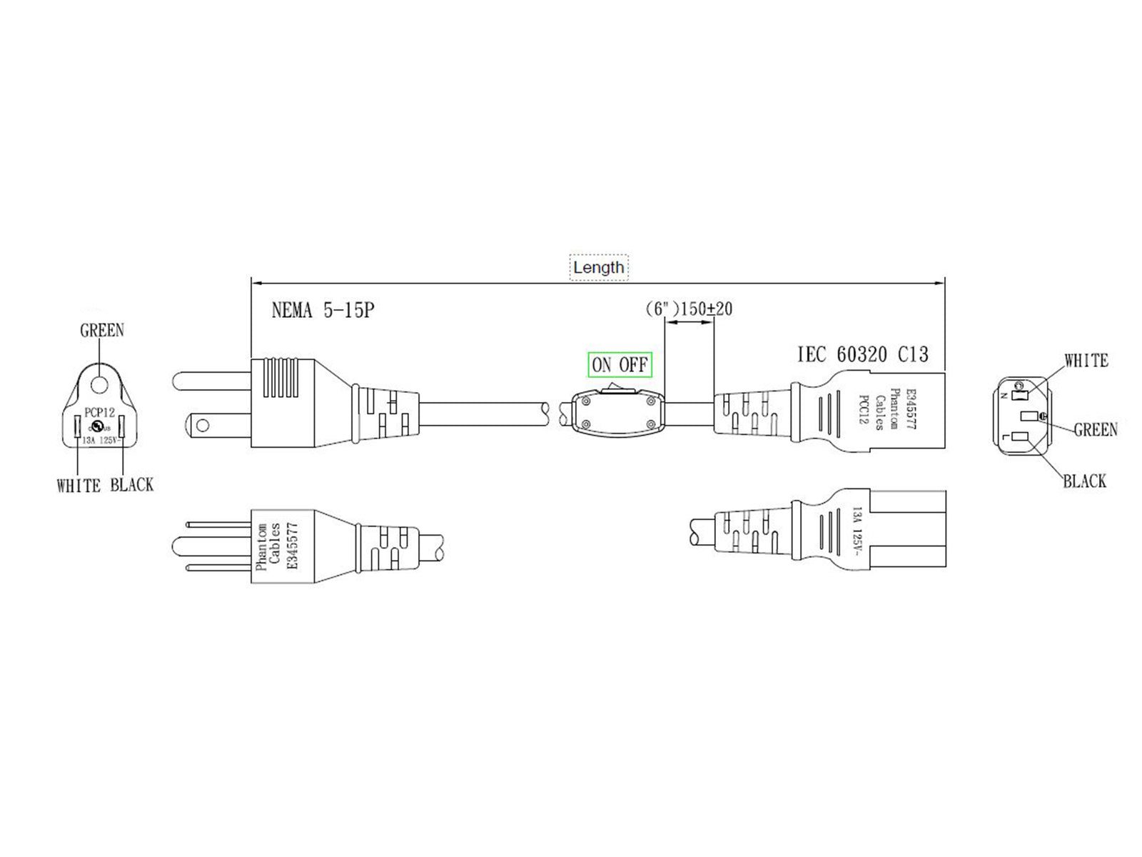 NEMA 5-15P to IEC C13 Power Cable with ON/OFF Switch - 16AWG - SJT Jac