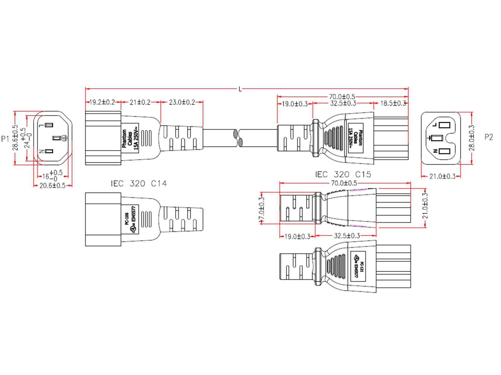 IEC C14 to IEC C15 Power Cable - 14AWG (15A 250V) - SJT Jacket