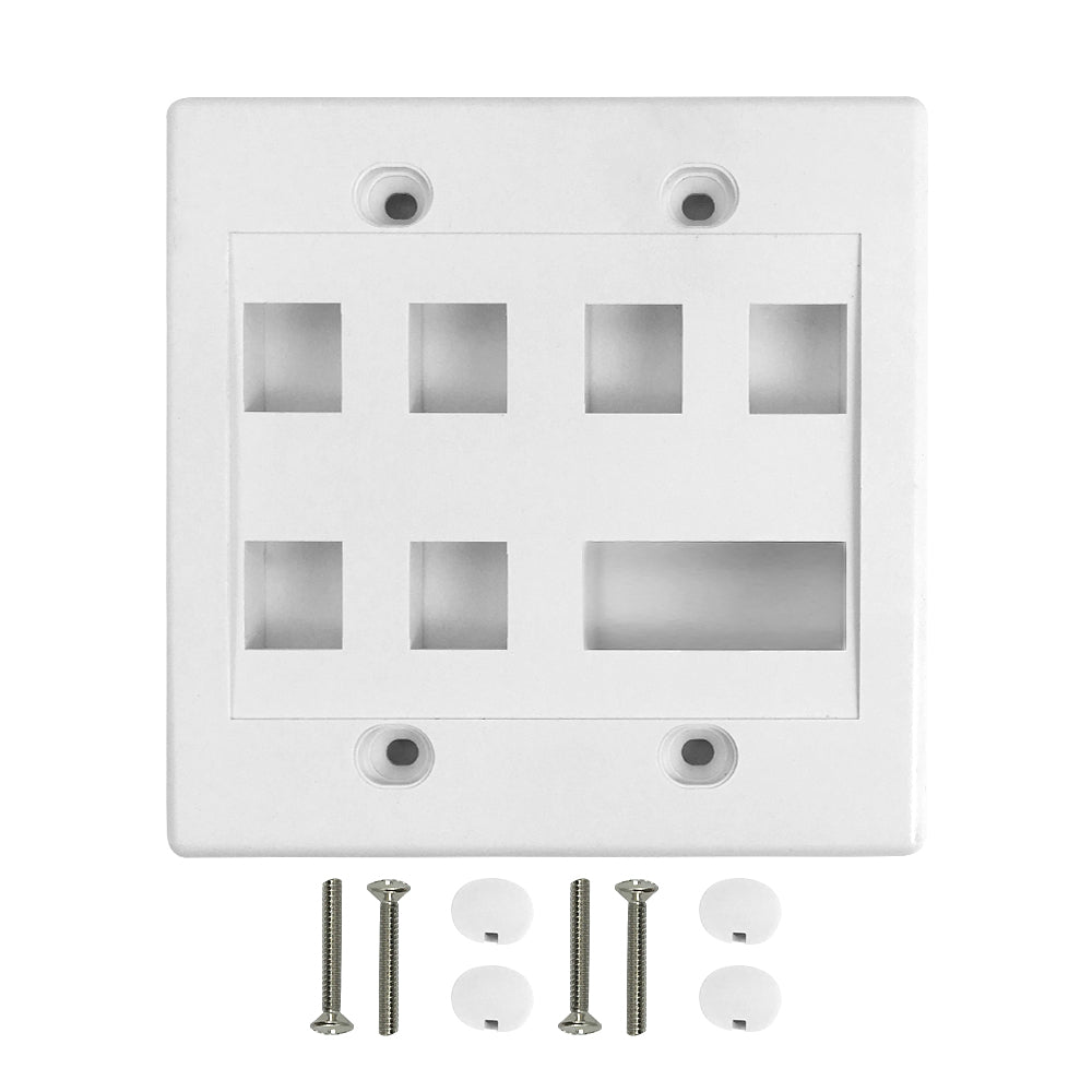 Wall Plate, 6-Port Keystone + 1-Port Dual Keystone, Double Gang - Whit