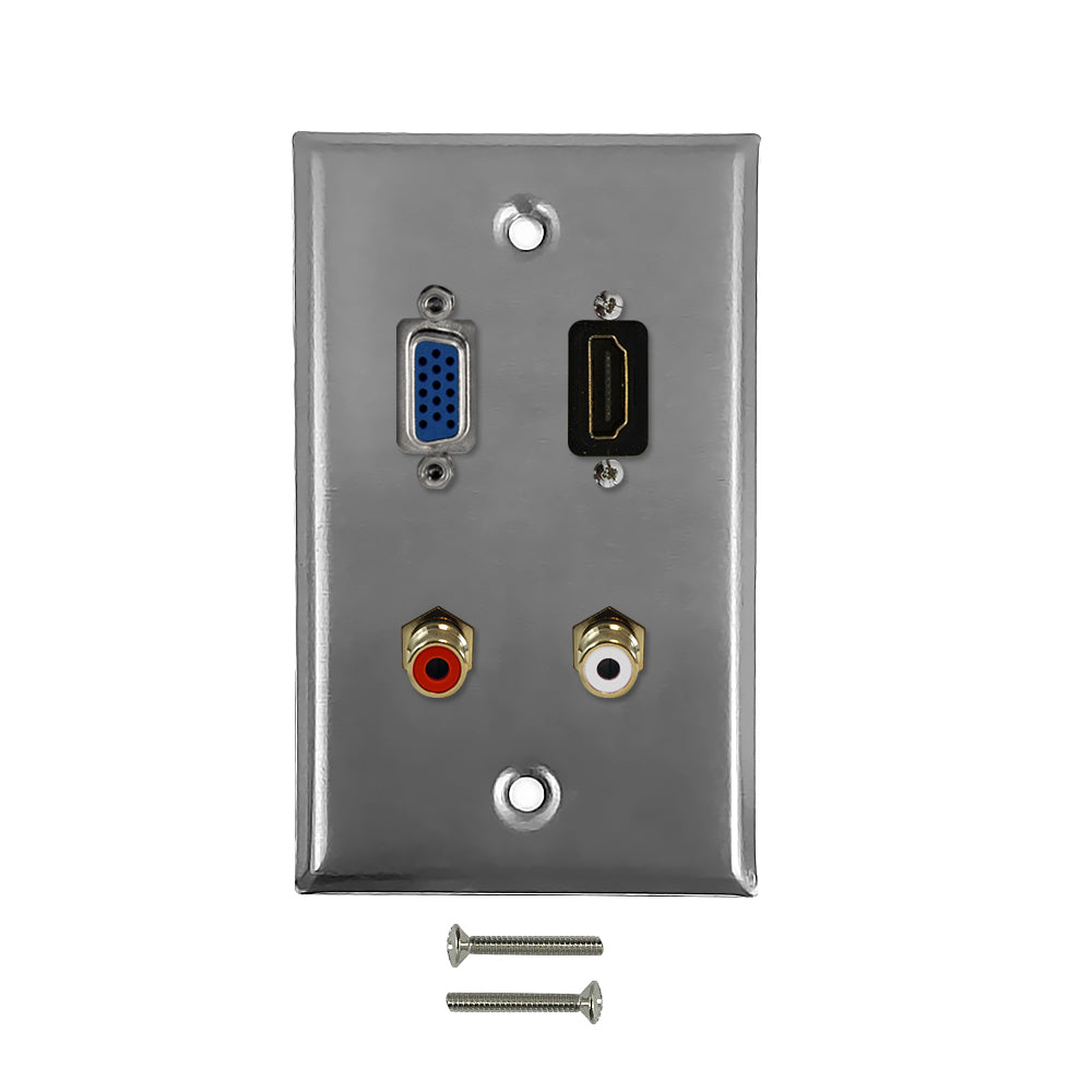 VGA, HDMI, RCA + Left/Right Audio Single Gang Wall Plate Kit - Stainle