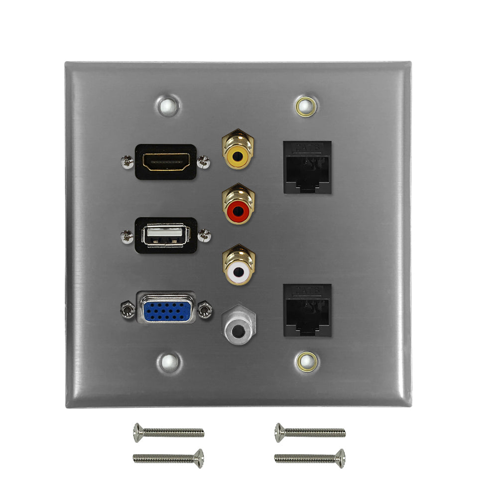 VGA, USB, HDMI, 3.5mm, RCA Composite + Left/Right Audio, 2x Cat6 F/F D